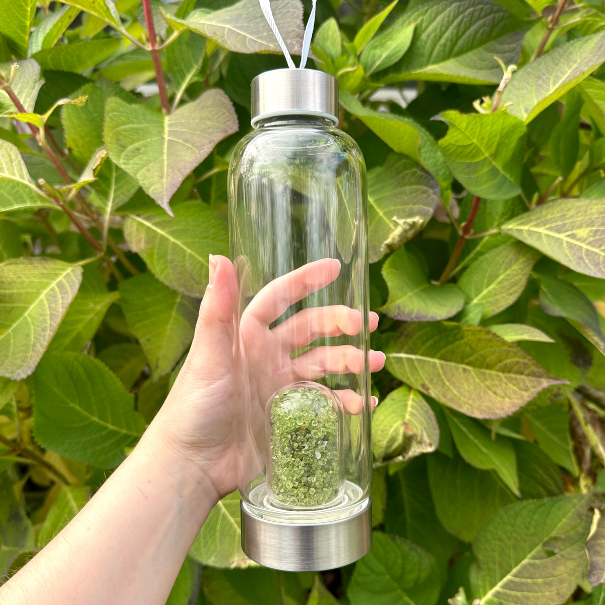 Fancy Peridot Chip Elixir Glass Water Bottle – Earth Family Crystals